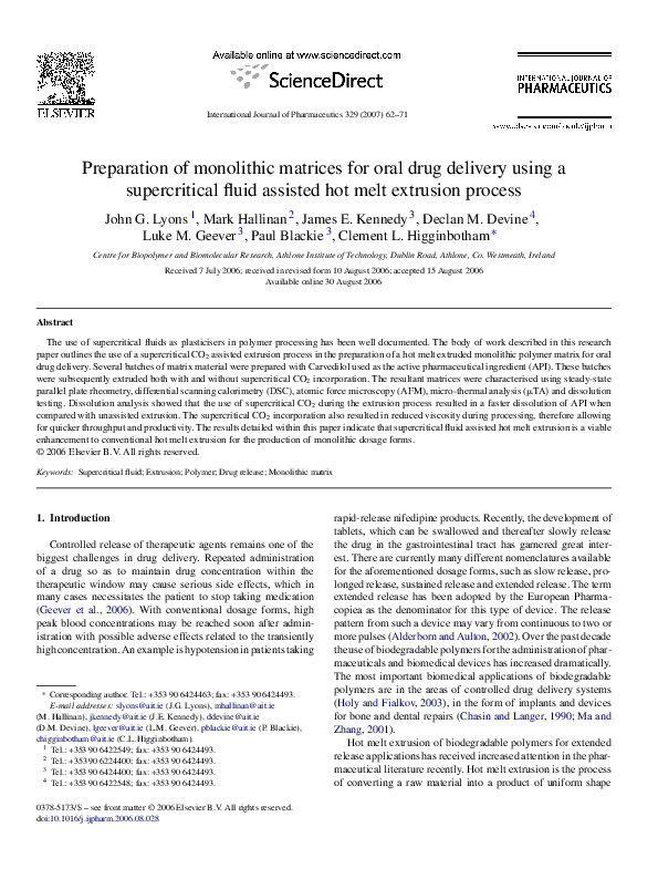 (PDF) Preparation of Monolithic Matrices for Oral Drug Delivery Using a ...