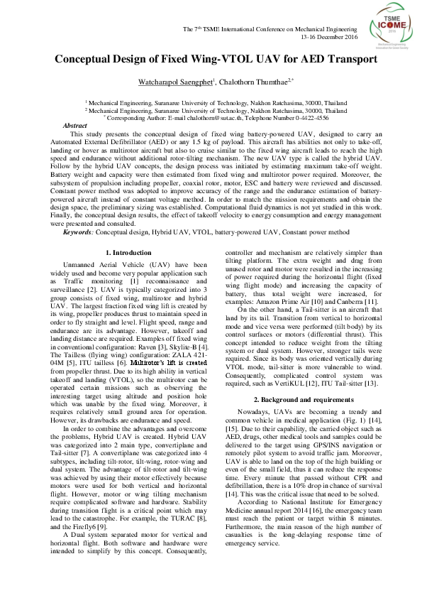 (PDF) Conceptual Design of Fixed Wing-VTOL UAV for AED Transport