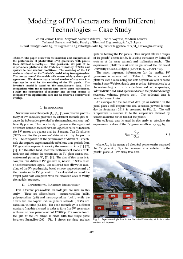 (PDF) Modeling of PV Generators from Different Technologies – Case Study