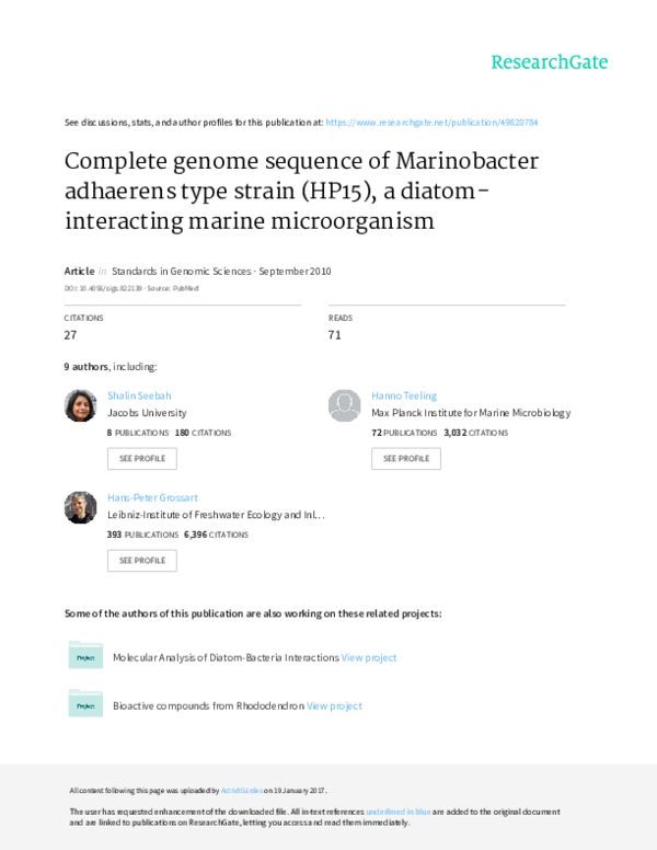 (PDF) Complete Genome Sequence of Marinobacter Adhaerens Type Strain ...