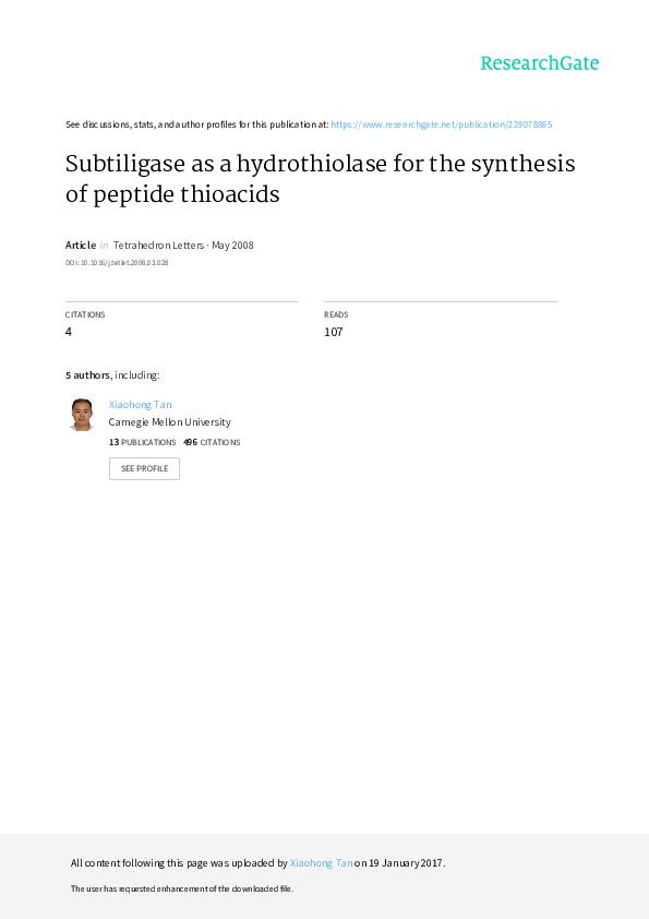 (PDF) Subtiligase As a Hydrothiolase for the Synthesis of Peptide Thioacids