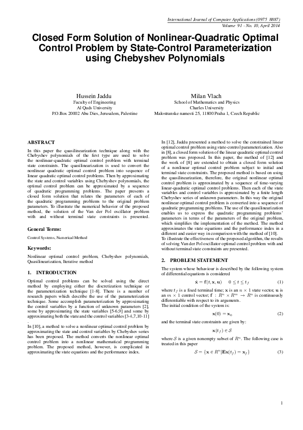 (PDF) Closed Form Solution of Nonlinear-Quadratic Optimal Control Problem by State-control ...