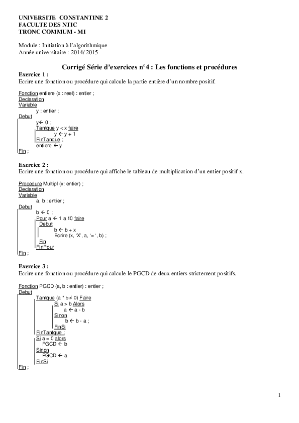 (PDF) Corrigé Série d'exercices n°4 : Les fonctions et procédures