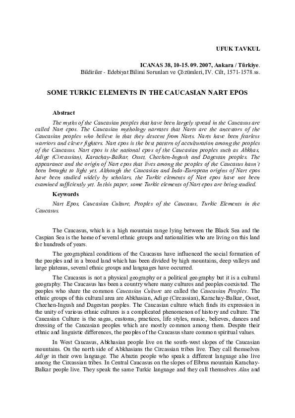 (PDF) SOME TURKIC ELEMENTS IN THE CAUCASIAN NART EPOS