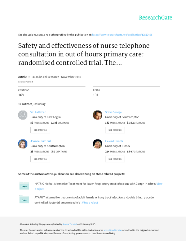 (PDF) Safety and Effectiveness of Nurse Telephone Consultation In Out ...