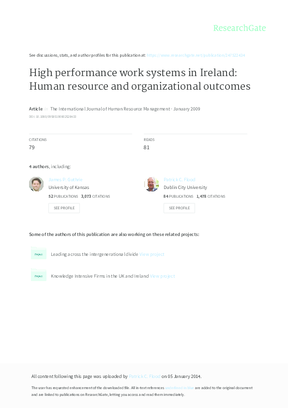 (PDF) High Performance Work Systems In Ireland: Human Resource and ...
