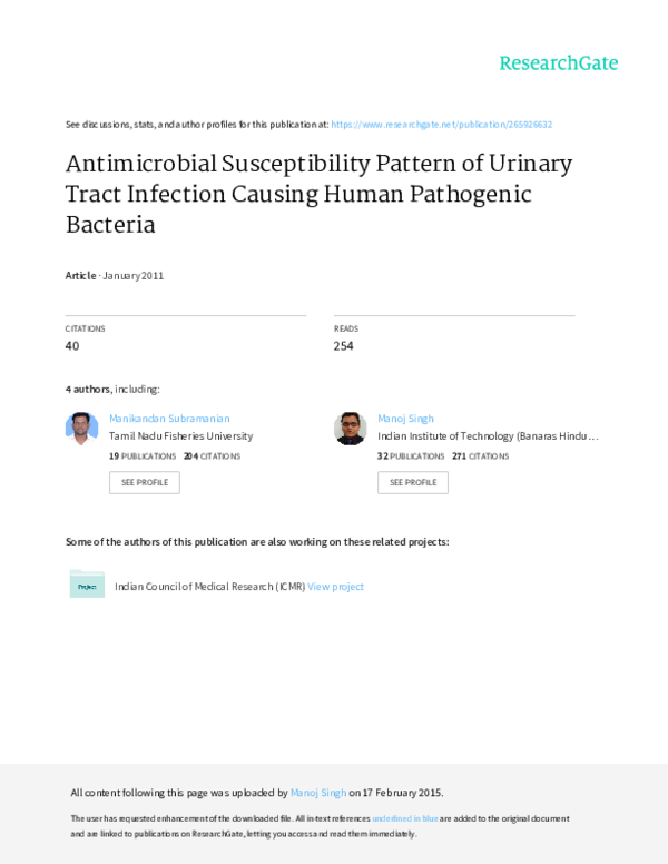 (PDF) Prevalence and Antimicrobial Susceptibility Pattern of Pathogens Isolated from Different ...