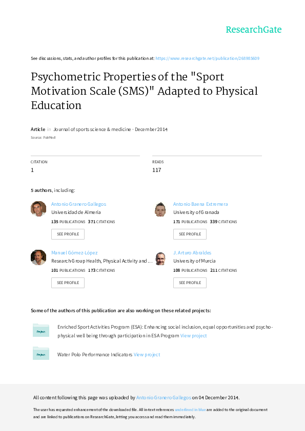 (PDF) Psychometric Properties of the "Sport Motivation Scale (SMS ...