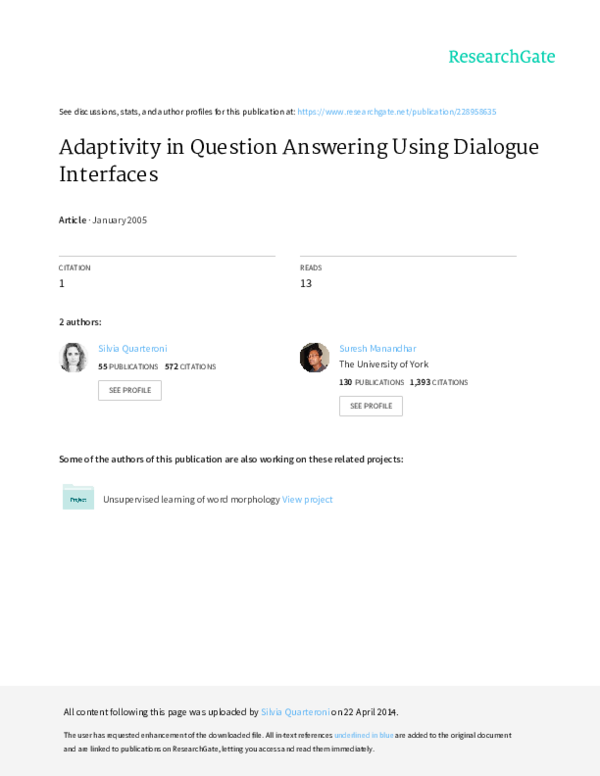 (PDF) Adaptivity in Question Answering Using Dialogue Interfaces