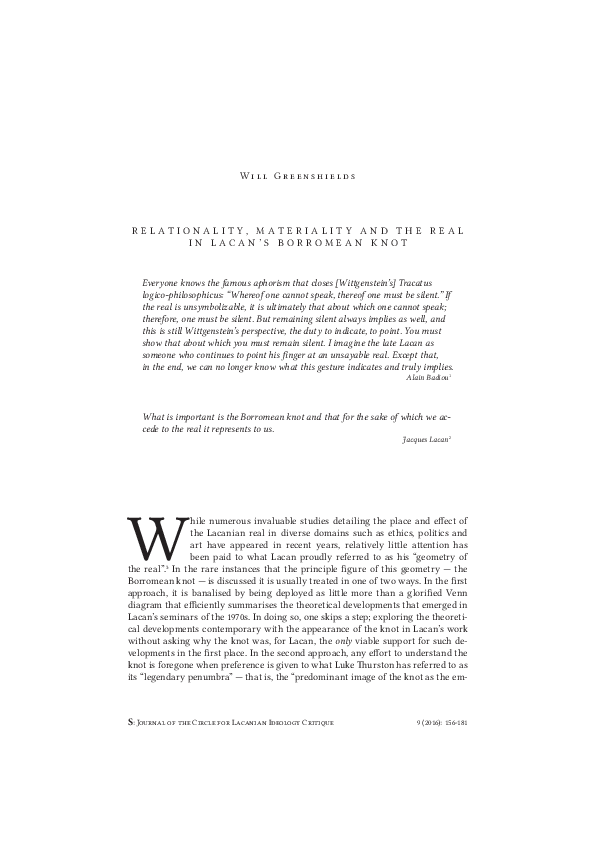 (PDF) Relationality, Materiality and the Real in Lacan's Borromean Knot ...