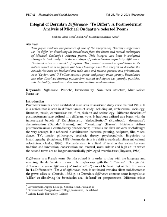 (PDF) Integral of Derrida's Différance-'To Differ': A Postmodernist ...