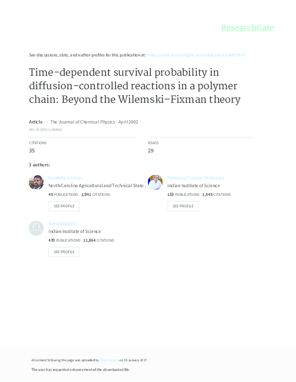(PDF) Time-Dependent Survival Probability In Diffusion-Controlled Reactions In a Polymer Chain ...