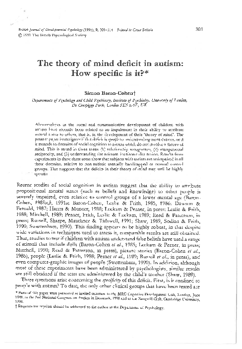 (PDF) The theory of mind deficit in autism: How specific is it?