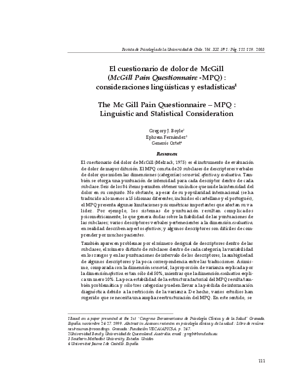 (PDF) El cuestionario de dolor de McGill (McGill Pain Questionnaire ...