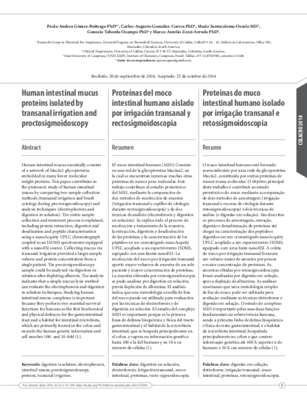 (PDF) Human intestinal mucus proteins isolated by transanal irrigation ...