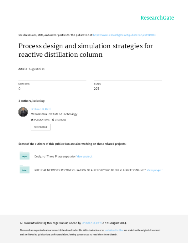 Pdf Process Design And Simulation Strategies For Reactive Distillation Column