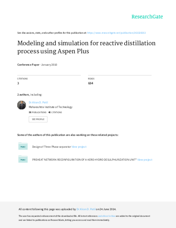 Pdf Modeling And Simulation For Reactive Distillation Process Using
