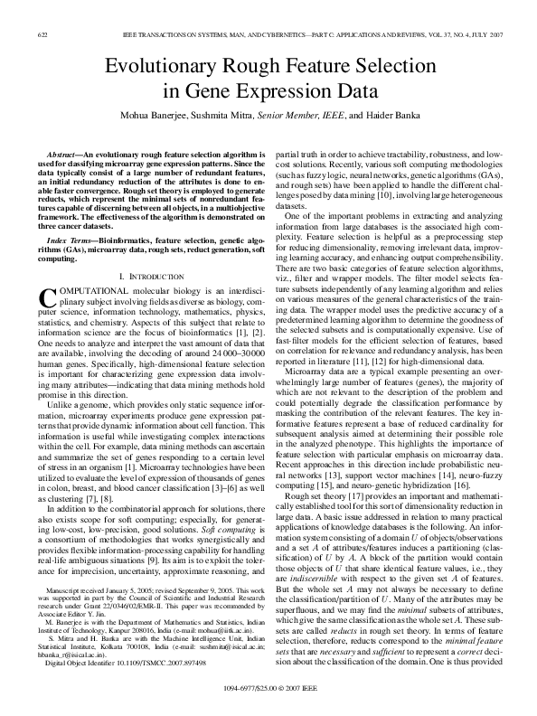 (PDF) Evolutionary Rough Feature Selection in Gene Expression Data | Haider Banka and Haider ...