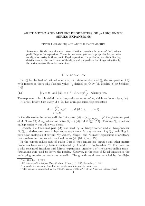 (PDF) Arithmetic and Metric Properties of P-Adic Engel Series Expansions
