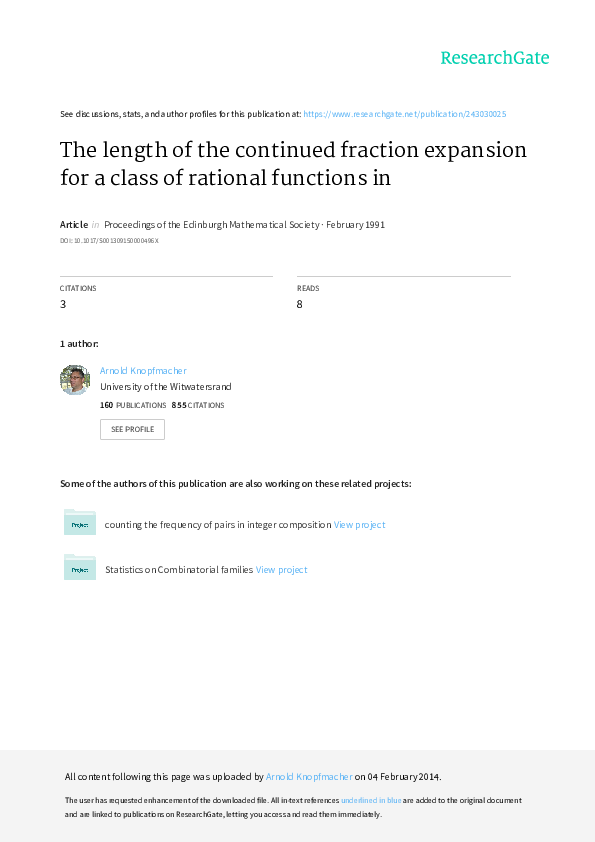 (PDF) The Length of the Continued Fraction Expansion for a Class of ...