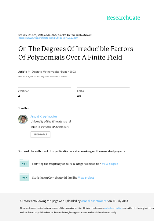 (PDF) On the Degrees of Irreducible Factors of Polynomials Over a Finite Field