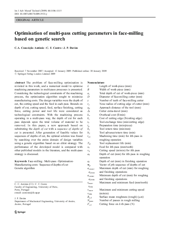 (PDF) Optimisation of multi-pass cutting parameters in face-milling based on genetic search
