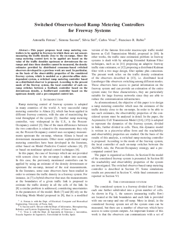 Pdf Switched Observer Based Ramp Metering Controllers For Freeway Systems Silvia Siri