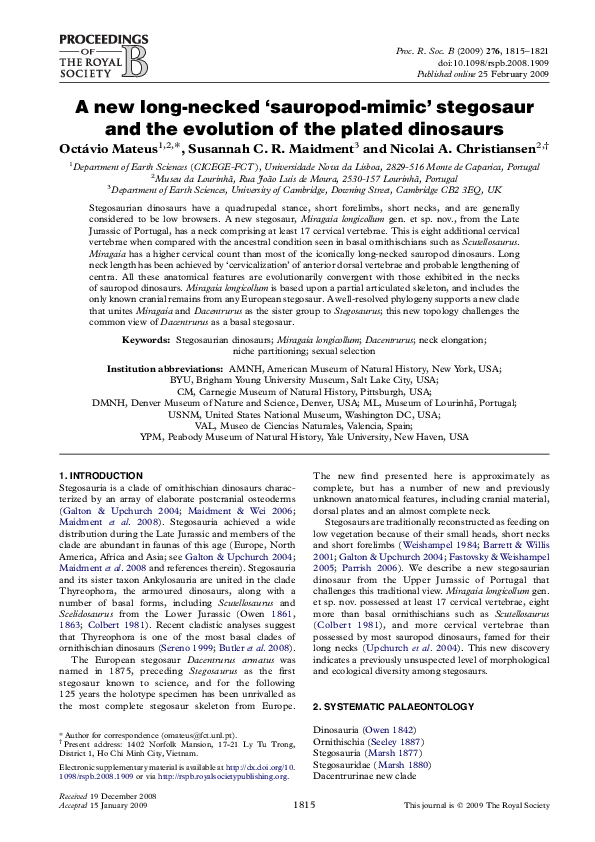 (PDF) A New Long-Necked 'Sauropod-Mimic'Stegosaur and the Evolution of ...