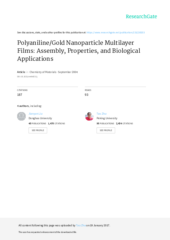 (PDF) Polyaniline/gold nanoparticle multilayer films: assembly ...