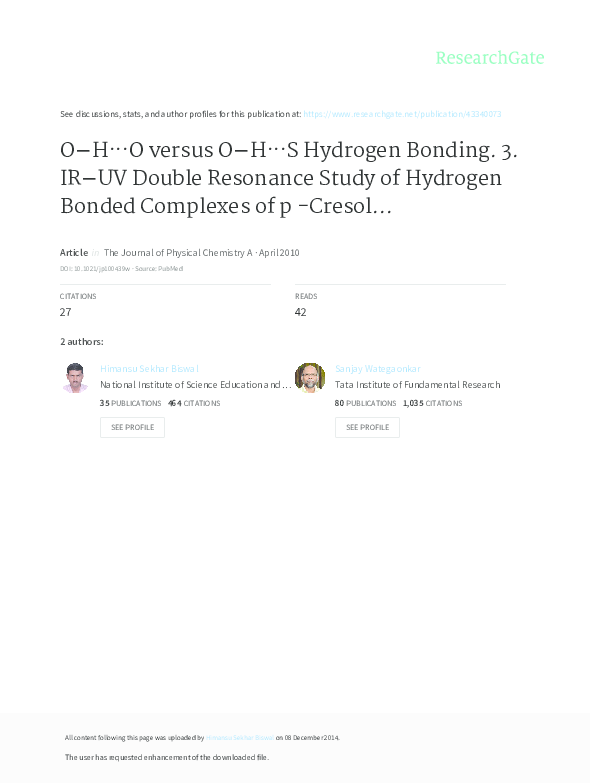 (PDF) O− H··· O Versus O− H··· S Hydrogen Bonding. 3. IR− UV Double ...
