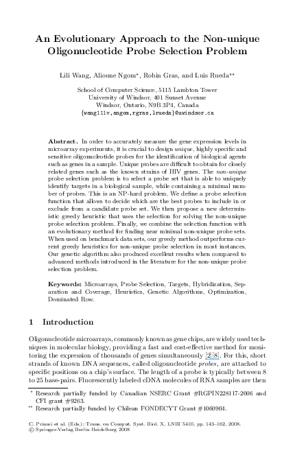 Pdf An Evolutionary Approach To The Non Unique Oligonucleotide Probe Selection Problem