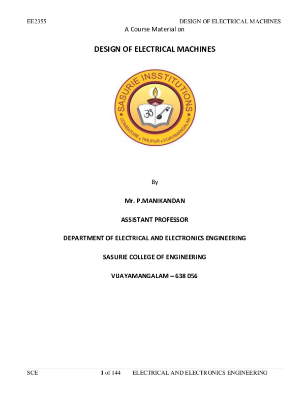 (PDF) EE2355 DESIGN OF ELECTRICAL MACHINES A Course Material on DESIGN ...