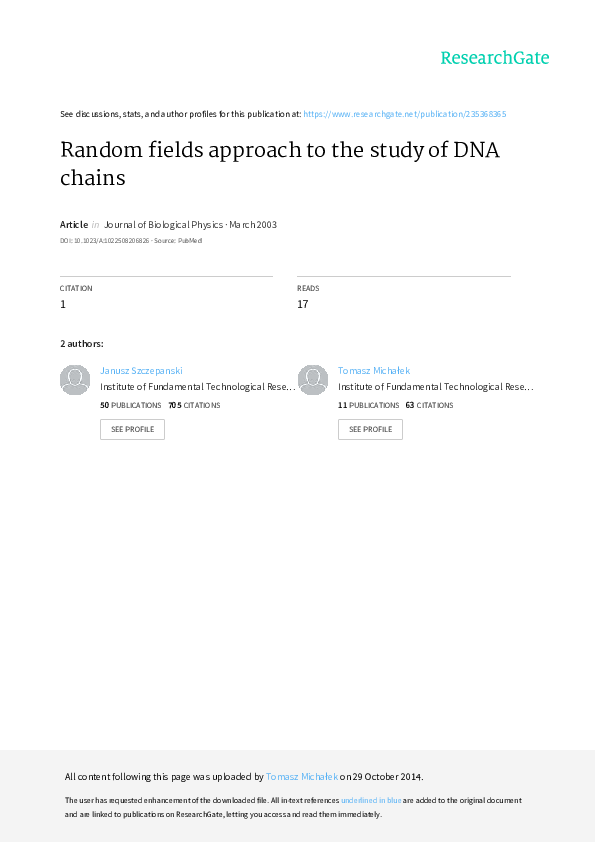 (PDF) Random fields approach to the study of DNA chains