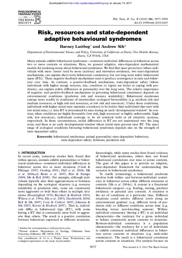 (PDF) Risk, Resources and State-Dependent Adaptive Behavioural Syndromes