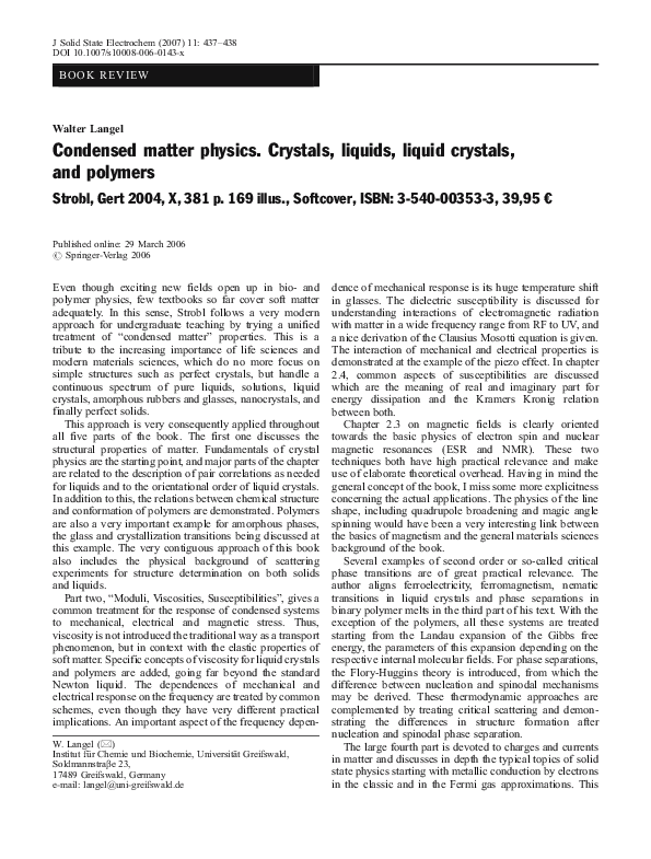 (PDF) Condensed Matter Physics. Crystals, Liquids, Liquid Crystals, and ...