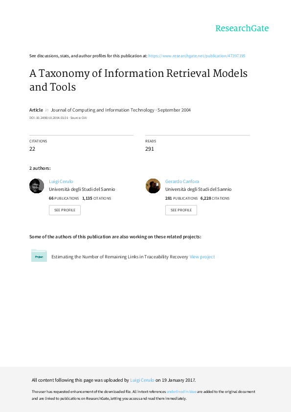 Pdf A Taxonomy Of Information Retrieval Models And Tools Luigi Cerulo