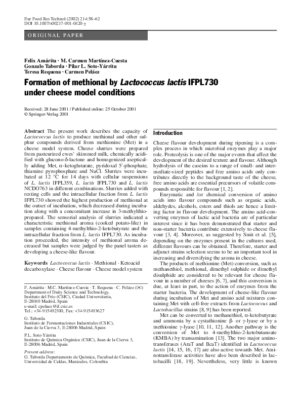 (PDF) Formation of methional by Lactococcus lactis IFPL730 under cheese ...