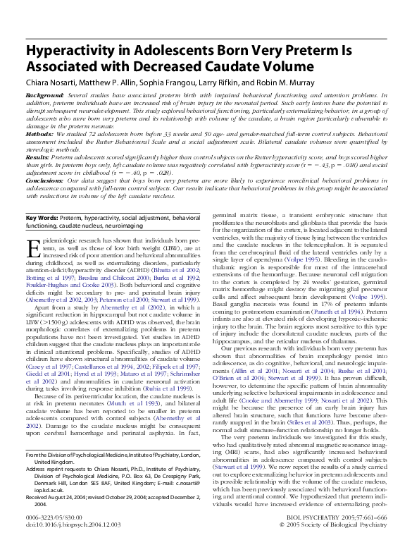 (PDF) Hyperactivity In Adolescents Born Very Preterm is Associated With Decreased Caudate Volume