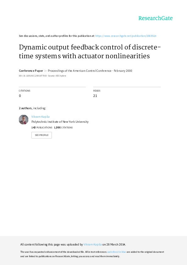 Pdf Dynamic Output Feedback Control Of Discrete Time Markov Jump