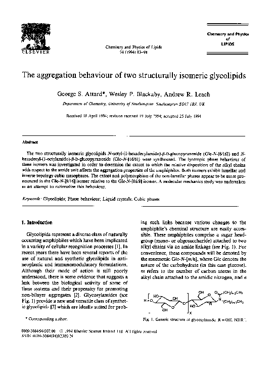 (PDF) The Aggregation Behaviour of Two Structurally Isomeric Glycolipids
