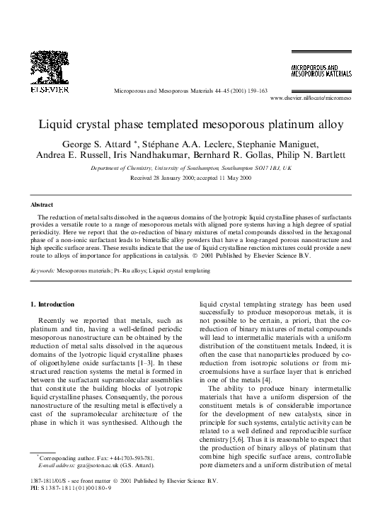 (PDF) Liquid Crystal Phase Templated Mesoporous Platinum Alloy
