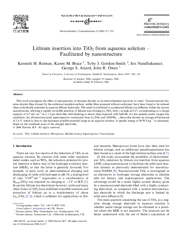 (PDF) Lithium Insertion Into TiO2 From Aqueous Solution-Facilitated by ...