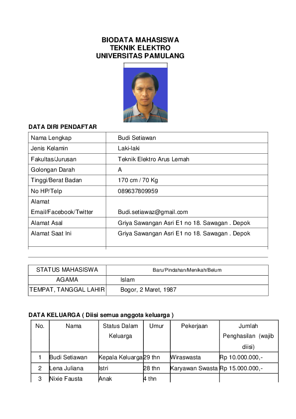(PDF) BIODATA MAHASISWA TEKNIK ELEKTRO UNIVERSITAS PAMULANG DATA DIRI PENDAFTAR