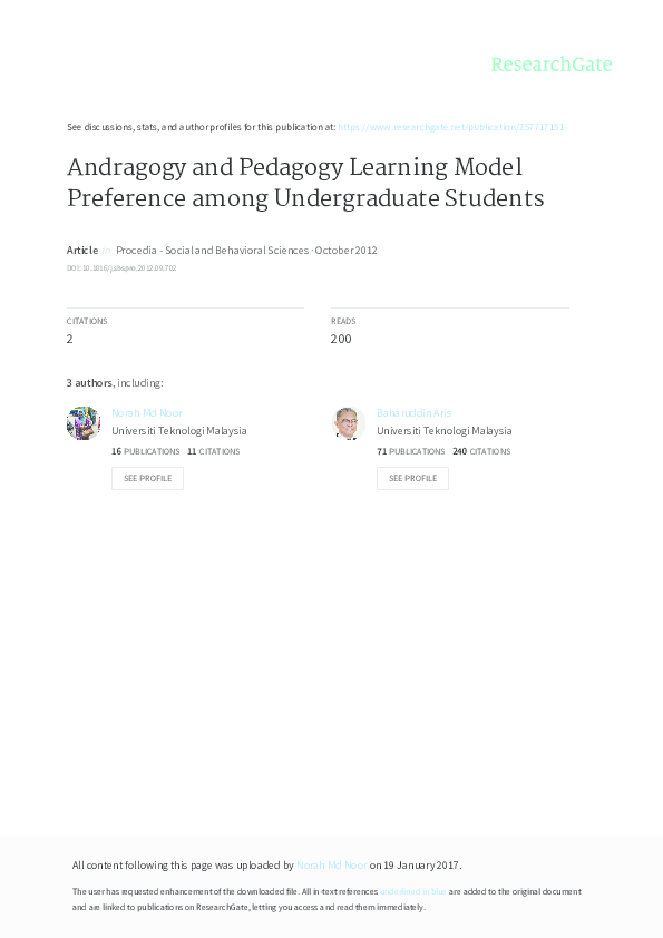 (PDF) Andragogy and Pedagogy Learning Model Preference among ...