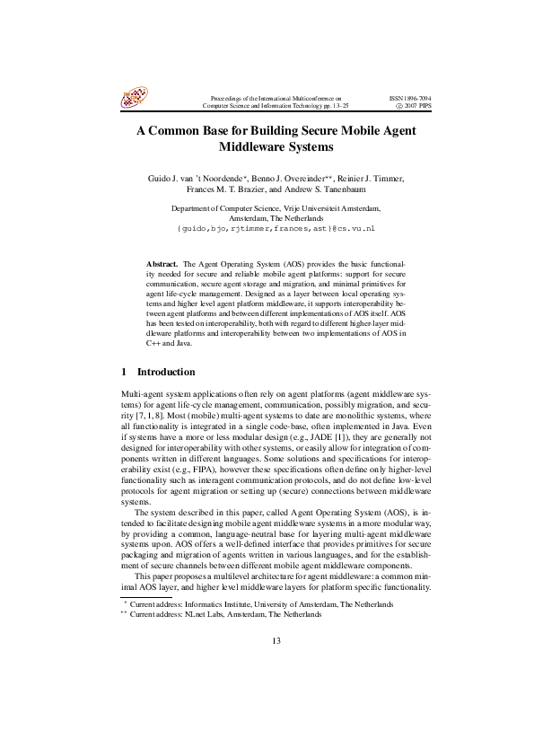 (PDF) A common base for building secure mobile agent middleware systems | Benno Overeinder ...