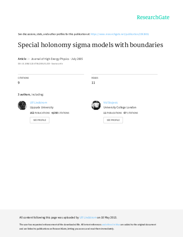 (PDF) Special holonomy sigma models with boundaries
