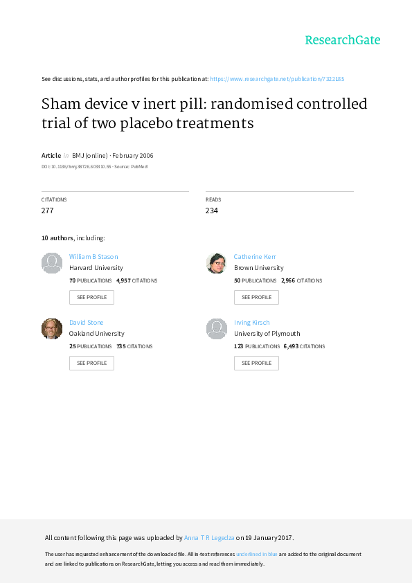 (PDF) Sham Device V Inert Pill: Randomised Controlled Trial of Two ...