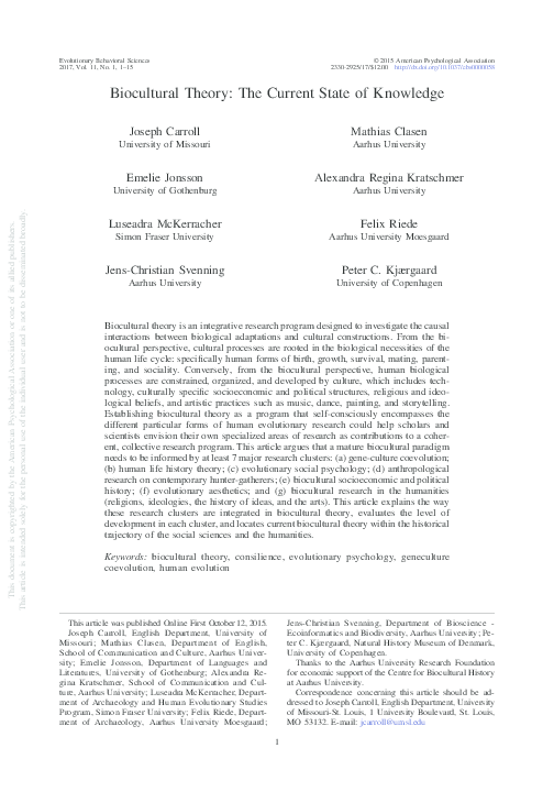 (PDF) Biocultural Theory: The Current State of Knowledge