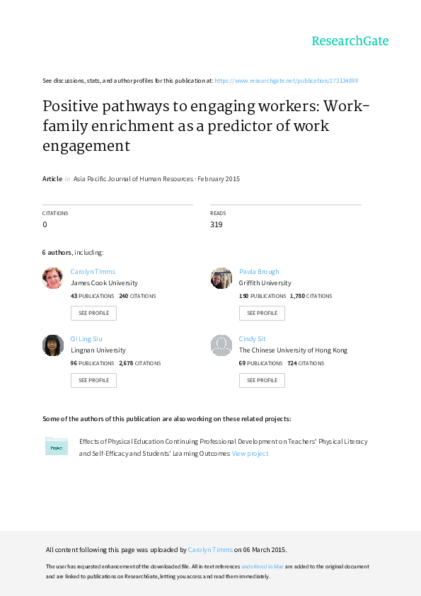 (PDF) Positive pathways to engaging workers: Work-family enrichment as ...