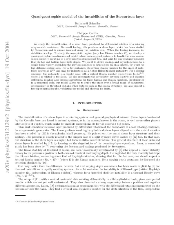 (PDF) Quasi-geostrophic model of the instabilities of the Stewartson layer